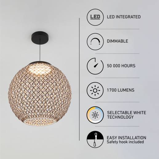 Benson LED pendant light 5 CCT black and rattan | Artika