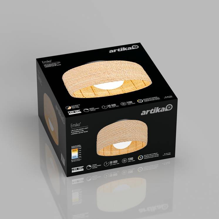 Emiko LED flush mount light 5 CCT black and rattan | Artika