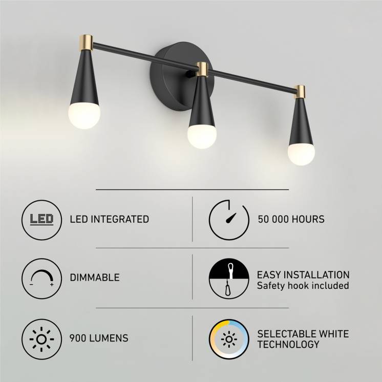 Wayden LED mid-century bathroom vanity light 3 CCT black | Artika